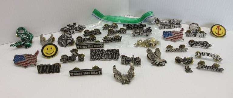 (32) Metal biker vest pins, each one has a different statement, some ...