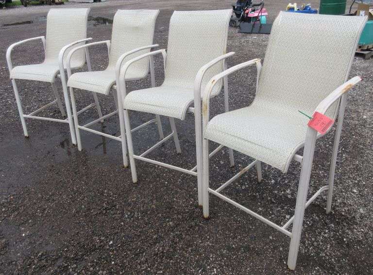 (4) Matching metal outdoor bar stools, 18" x 17", have wear/rust ...