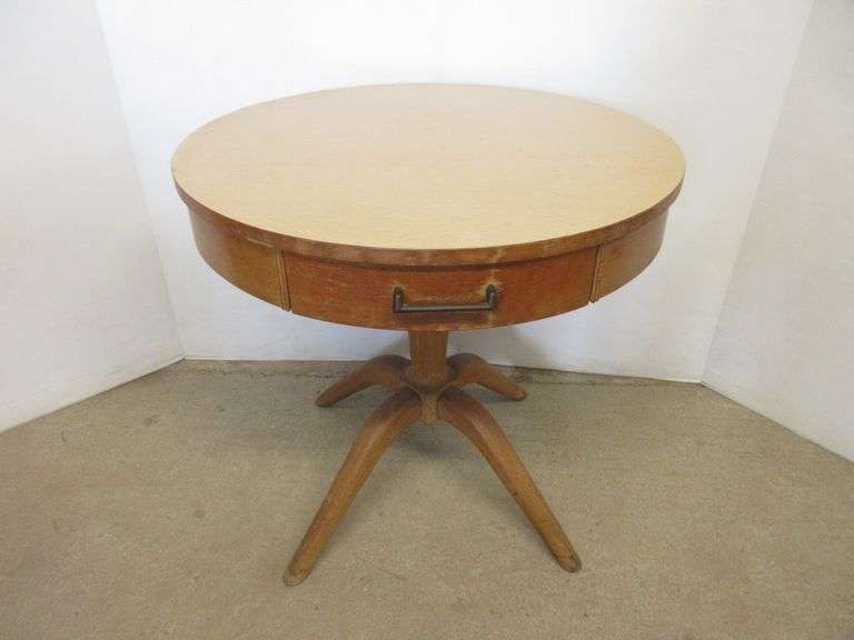 1950's Mersman blonde round top table, markings in drawer of ...