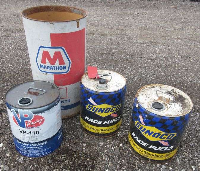 25-Gallon Marathon lube drum, bottom is rusted out; (2) Sunoco 5-Gallon ...