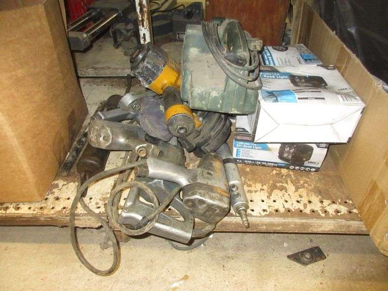 Air tools, including Milwaukee chisel, grease gun, air nailer, sander ...