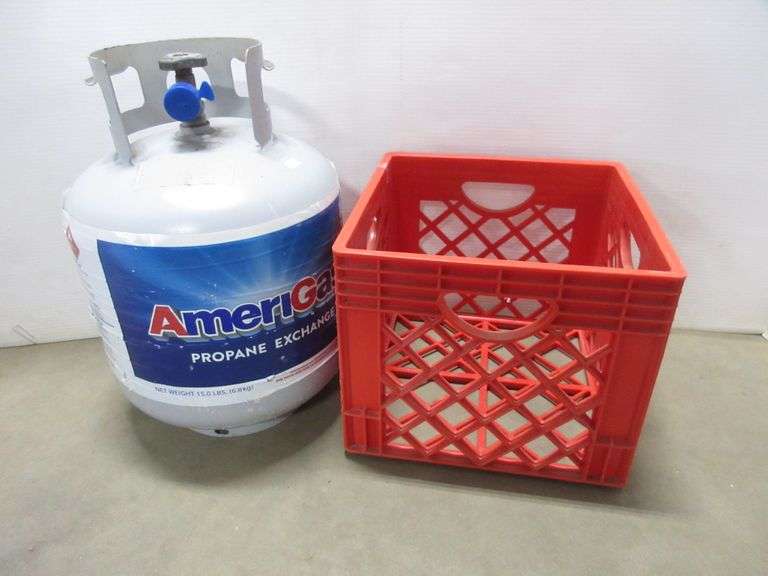 15 lb. propane tank, filled completely, with standard size milk crate ...