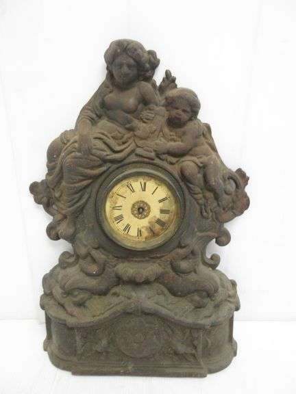 Older cast irons clock, missing hands, 18"T, unsure if works, as is ...