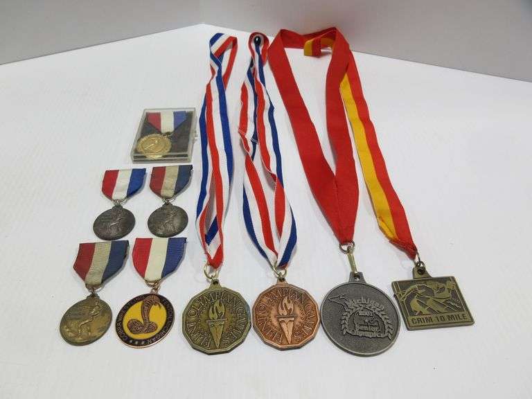 (9) Medals with ribbons, include: 5- Flint olympian games, three older ...