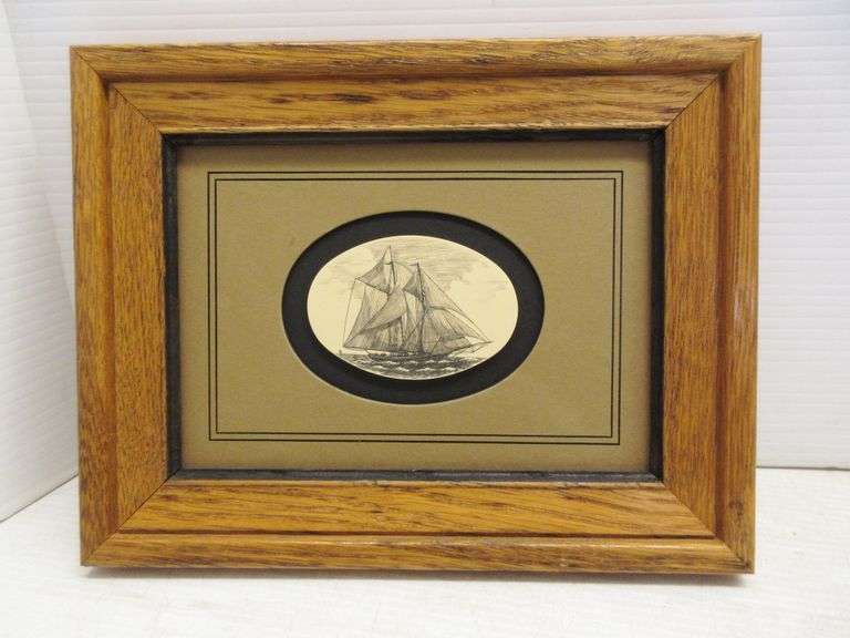 Etching of sailboat on the seas, older, matted and framed, 9"W x 7"H ...
