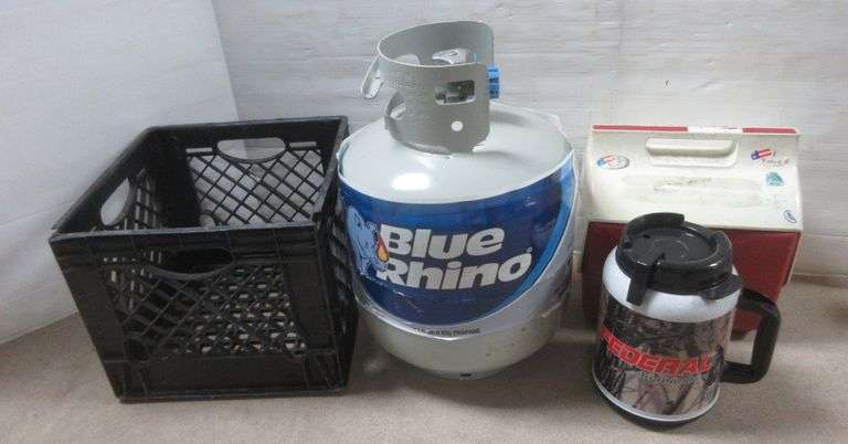 New 20 lb. propane tank, 100% full, standard sized milk crate included ...