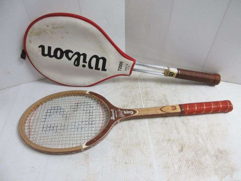 Old Bancroft Billie Jean King signed wood tennis racket, and old Wilson ...