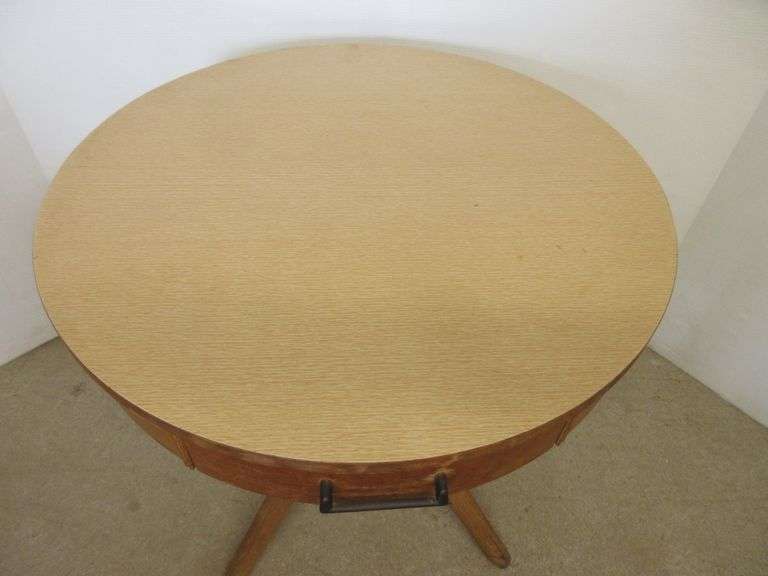 1950's Mersman blonde round top table, markings in drawer of ...