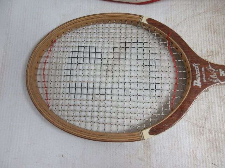 Old Bancroft Billie Jean King signed wood tennis racket, and old Wilson ...