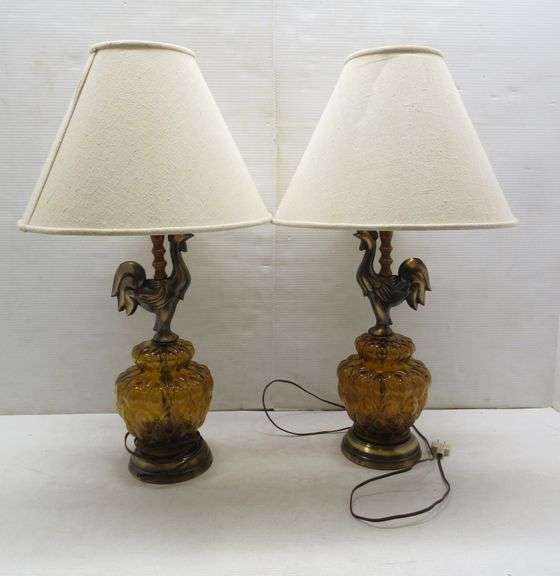 Antique rooster lamps, 28"H x 13"Dia, one lamp is touchy to get to stay ...