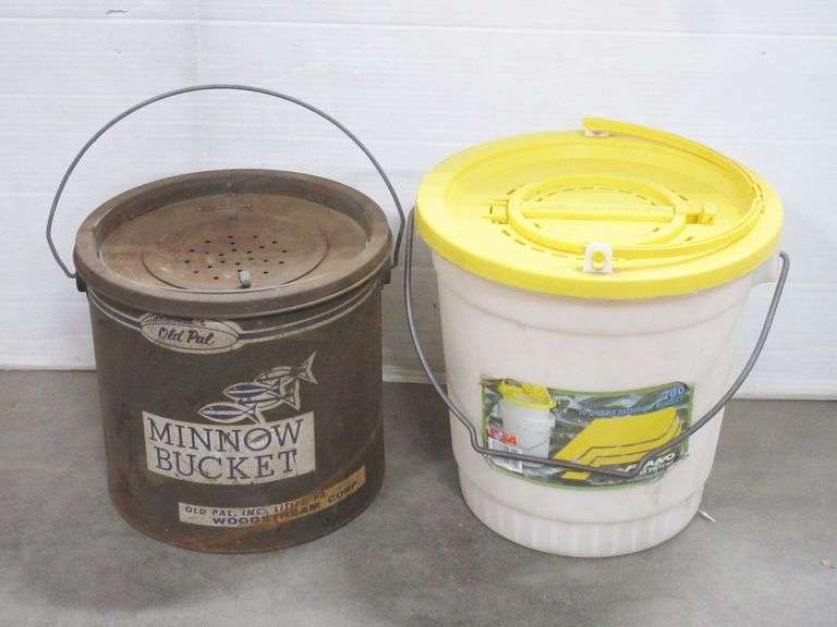 Old Pal metal minnow bucket, Plano 10-quart minnow bucket, (2) Flambeau ...
