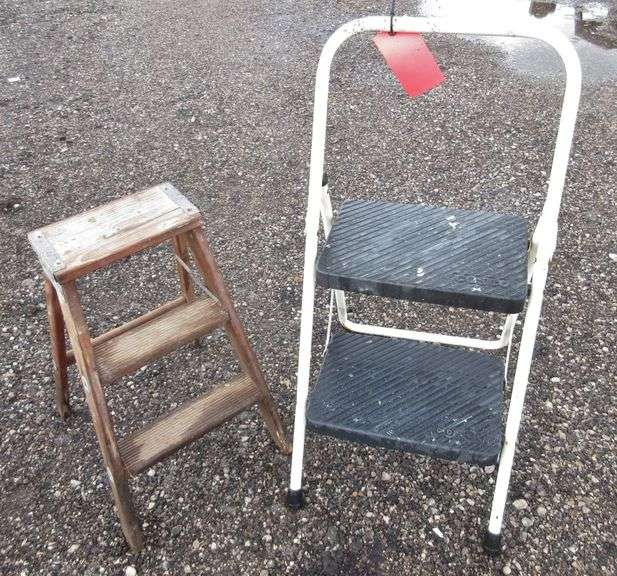 Cosco 2-Step metal ladder, 20"H to top step; 2-Step wood ladder ...