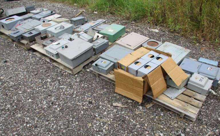 Assorted electrical boxes and disconnects; Case of new meter cans ...