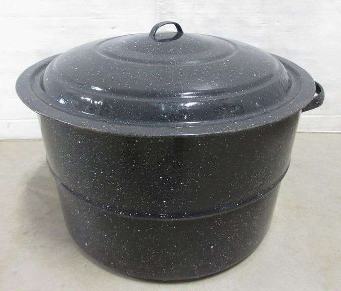 Large canning pot, blue speckled porcelain, some chips but no holes ...