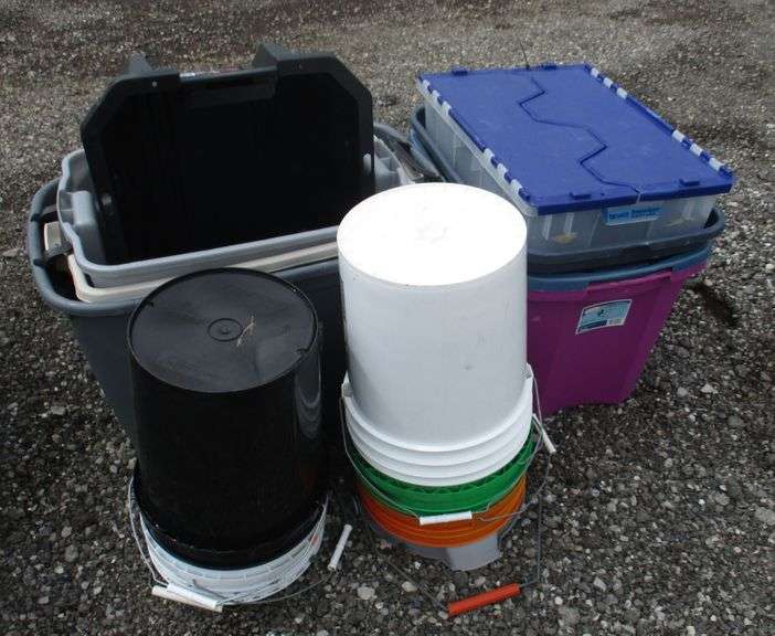 Storage totes and buckets, all different conditions and sizes ...
