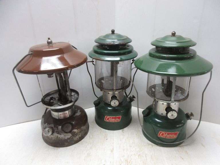 (3) Old Coleman lanterns, up to 12"H, have wear, for parts or repair ...