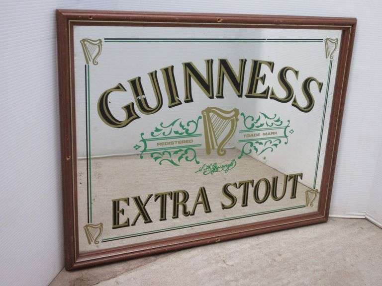 Guinness Extra Stout mirror, 25"W x 19"H, shows wear, holes in frame ...