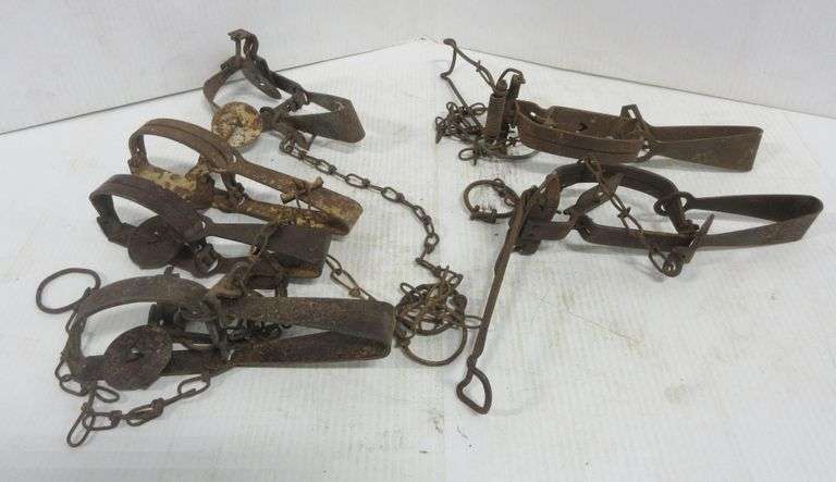 (6) Muskrat traps: 4- Regular leg traps, 2- Traps with springs, all ...