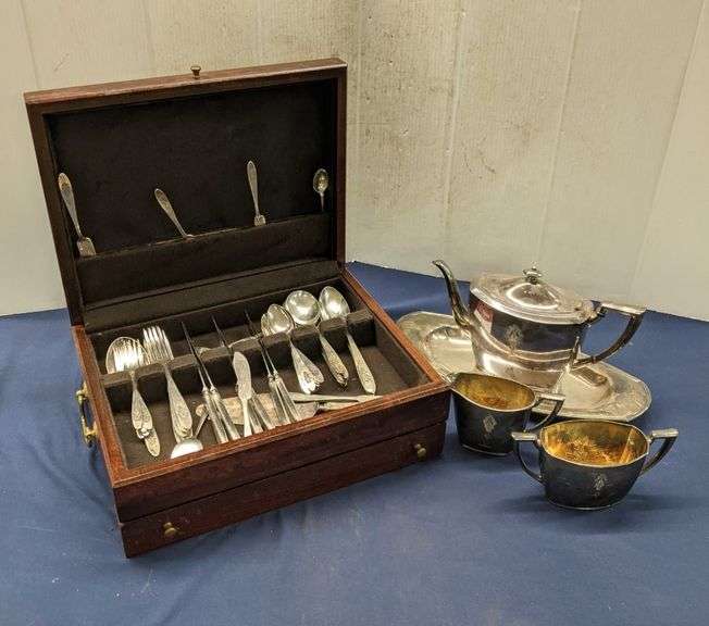 Silver plated service, and Silverware box with silverware, tea service ...
