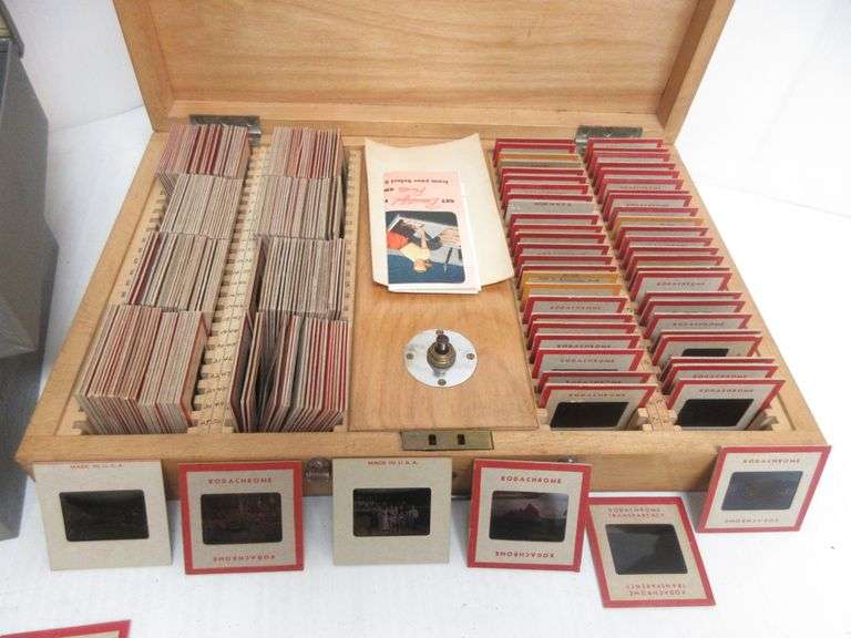 Vintage 35mm slides, includes: GE Wood Slide storage box with viewing ...