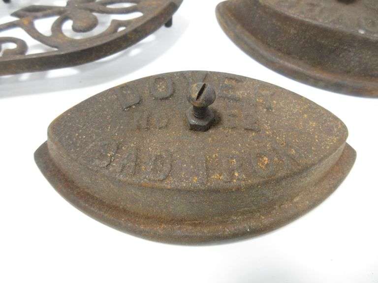 (2) Older Dover sad irons, no. 62; Very old hot iron rest, 6 1/2"L ...
