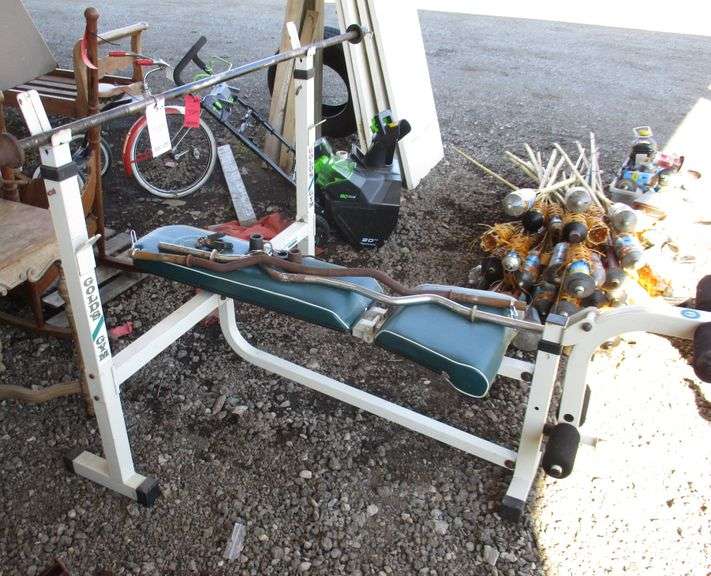 Gold's gym weight lifting bench with leg lift, in fair condition, with ...