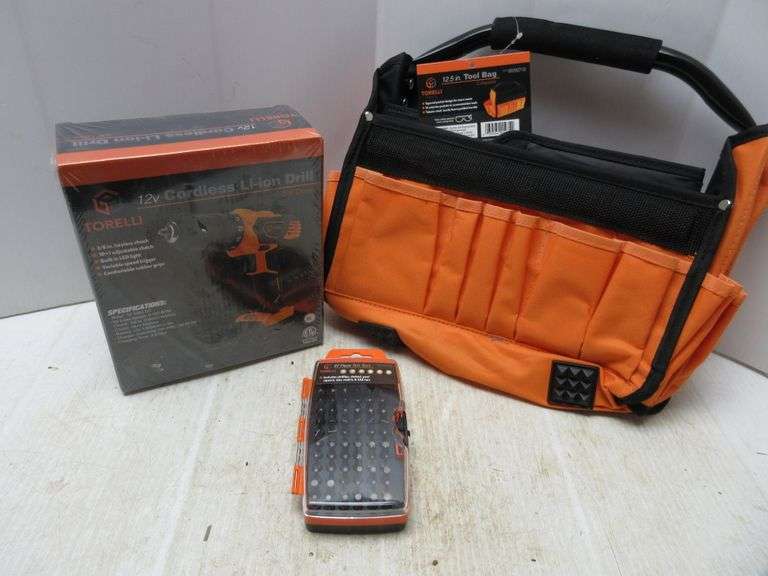 12.5" tool bag; 67-Piece bit set; Torelli cordless Li-on drill 3/8 ...
