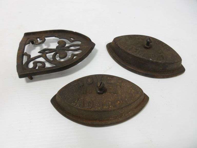 (2) Older Dover sad irons, no. 62; Very old hot iron rest, 6 1/2"L ...