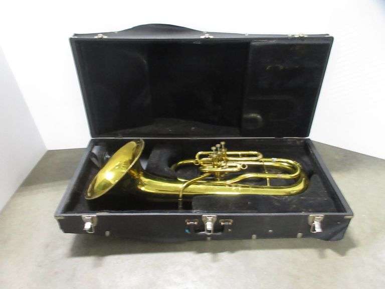Mellophone with mouthpiece and case, marching music holders, worn, but ...
