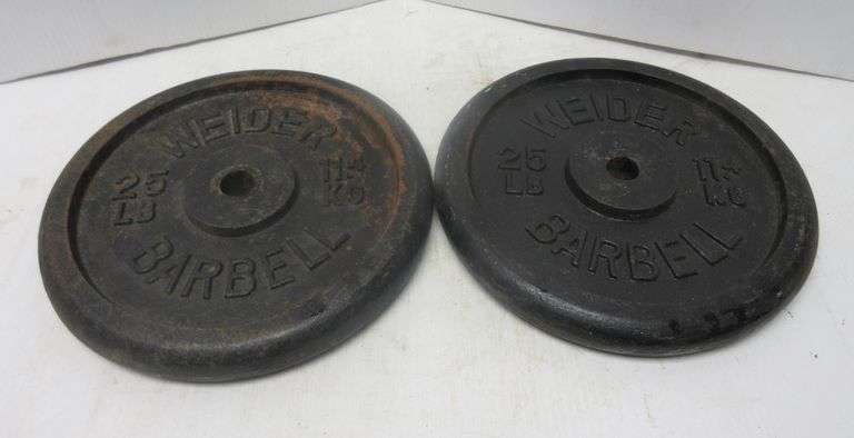 Set of (2) Weider 25 lb. cast iron barbell weights, in good condition ...