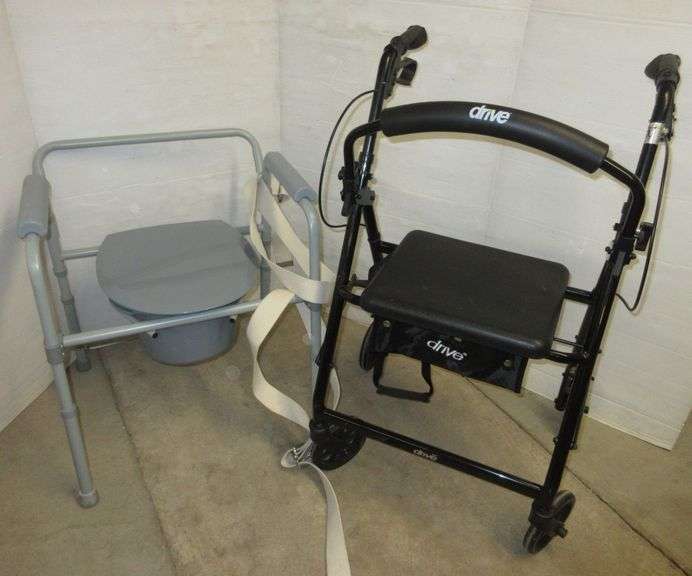 Walker with seat, storage, and breaks, like new; New commode; (2) Gait ...