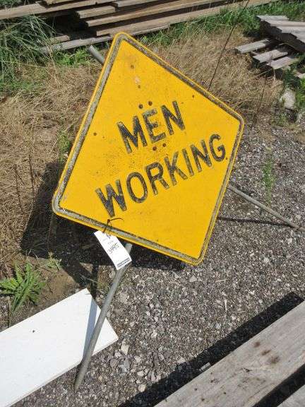 Men Working, sign with stand, 23" x 23", heavy wear - Albrecht Auction ...