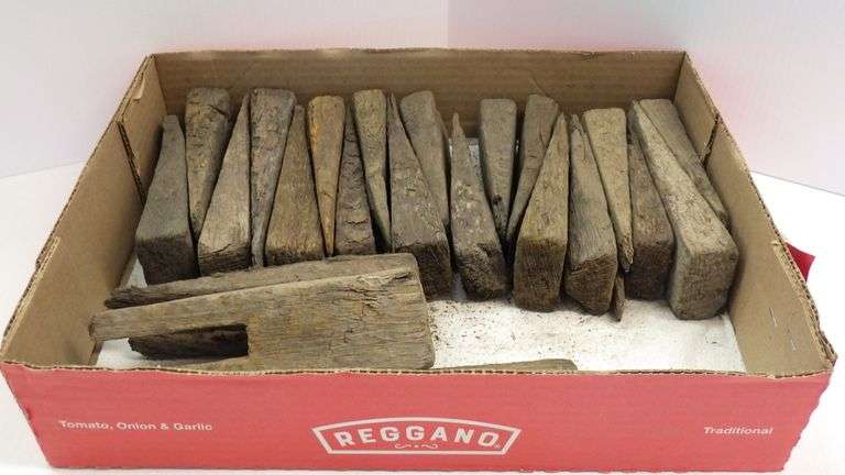 (21) Vintage lumbering era wooden wedges, used to rope connect logs ...