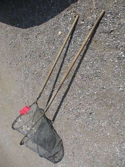 (2) Antique wire fish/smelt dipping nets with wood handles, 5 1/2' and ...