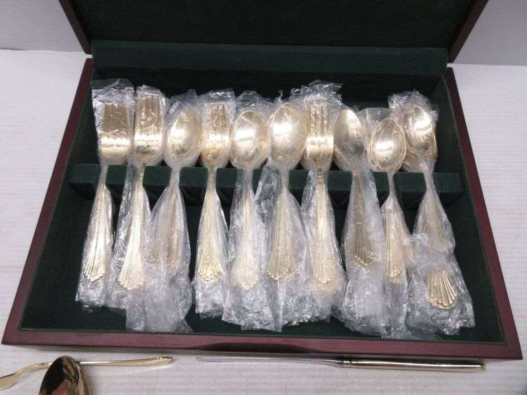 66-piece set of Cambridge gold tone stainless flatware, NIB - Albrecht ...