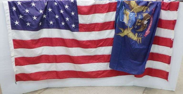 US flag, 96"W x 60"H, repaired; Michigan flag, 60"W x 36"H, both as is ...