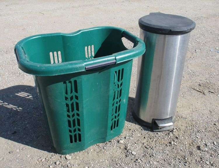 Plastic hamper, and a stainless steel trash can, 12"W x 24"H, fair ...