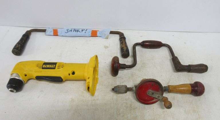 Antique hand tools, includes: (2) Drills, and a 16" draw with 10" blade ...