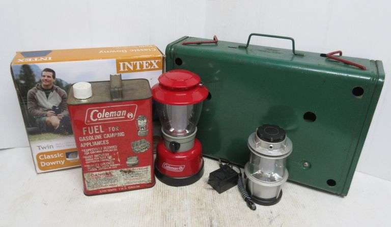 Camping items, includes: Coleman no. 425D two burner camp stove, fuel included; Coleman 6V ...
