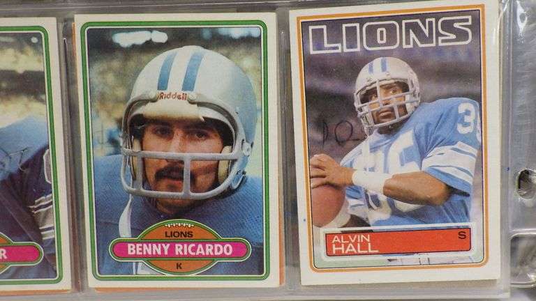 Binder filled with Detroit Lions cards from the 1960s to 2000s, includes some hall of famers ...