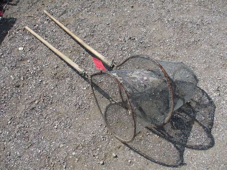 (2) Antique wire fish/smelt dipping nets with wood handles, 5 1/2' and ...