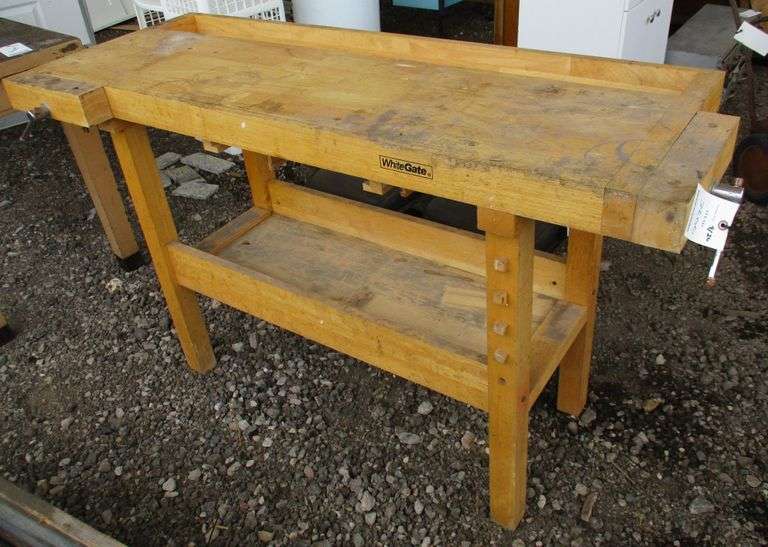 Butcher block style work bench and two wood clamps, 58" x 22" x 34 ...