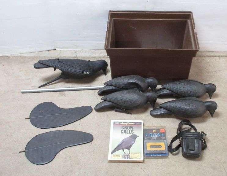 Box of Crow hunting decoys and crow calling cassette tapes - Albrecht ...
