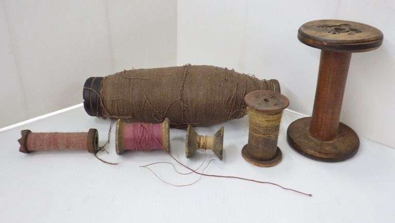 (6) Antique wooden spools/spindle, includes: One- 12 1/2" spindle with ...