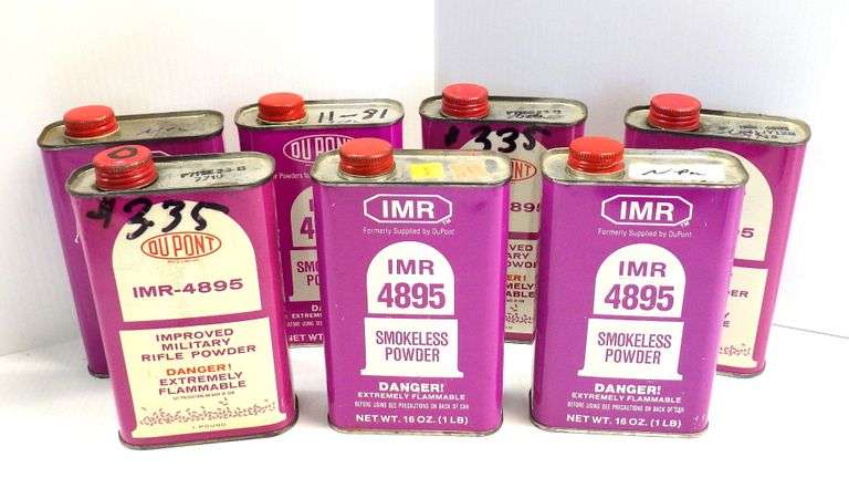 (7) Cans of Dupont IMR-4895 reloading powder, five have seals still in ...