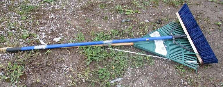 26-Tine green thumb leaf rake, and a 24"contractor grade push broom ...