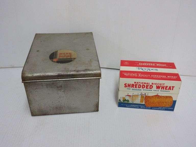 Kellogg's metal menu and recipe box, and a National Biscuit Shredded ...