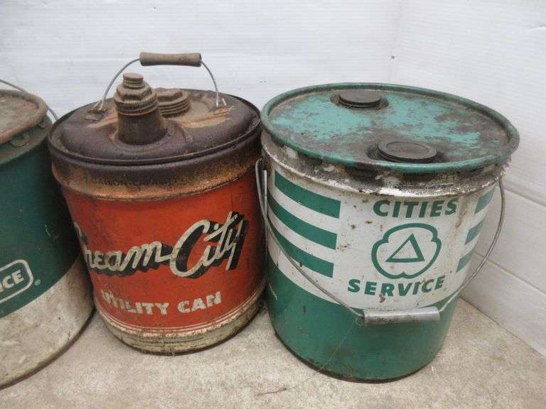 (5) Old 5-gallon oil cans: Cites Service, Fargo, Imperial, Cream City ...