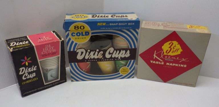 Older Dixie Cups in original boxes, and Kleenex table napkins ...