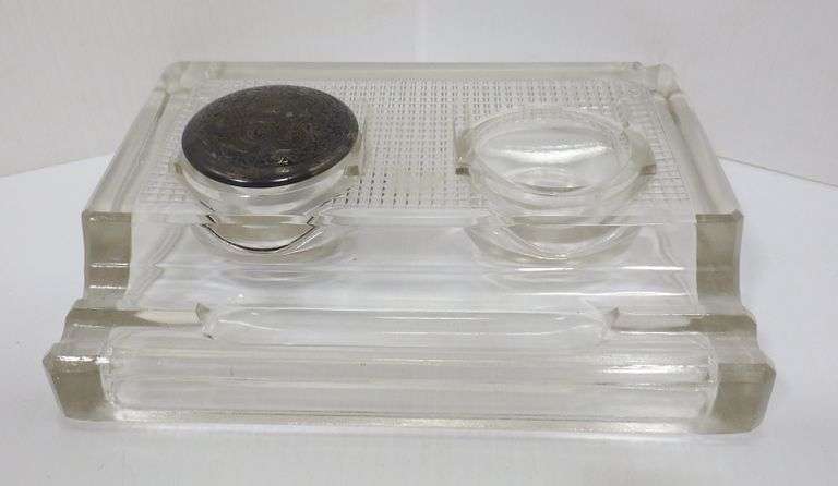 Large double hole glass inkwell, 10"W, one cap is missing - Albrecht ...